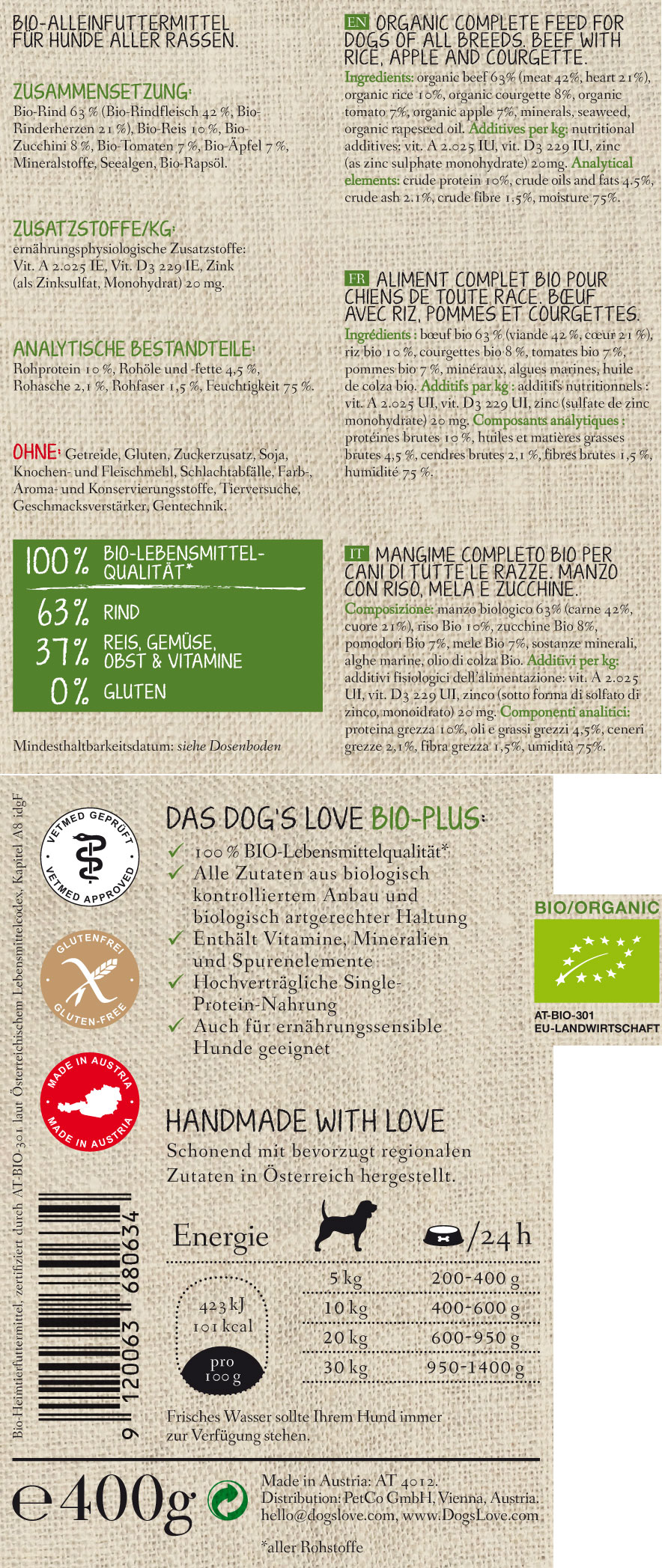 Bio Hundefutter Rind mit Reis, Apfel, Zucchini online